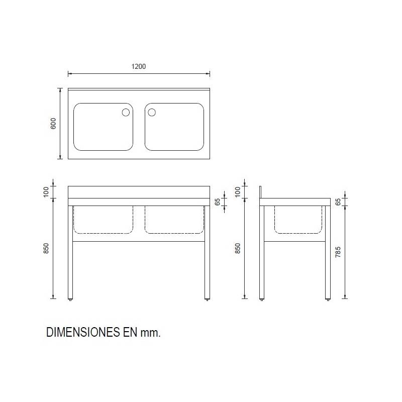 Industrial stainless steel sink with frame and two bowls 1200x600 Nofer