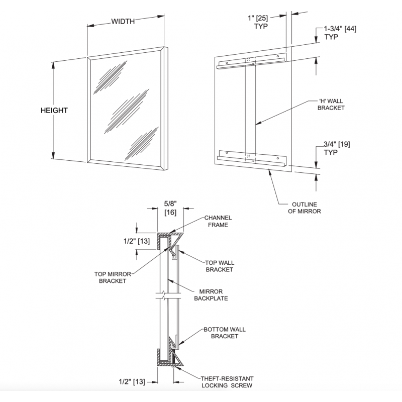 Espejo placa de vidrio con marco Chan-Lok en acero inoxidable 78" x 26" marca ASI | Suministros ...